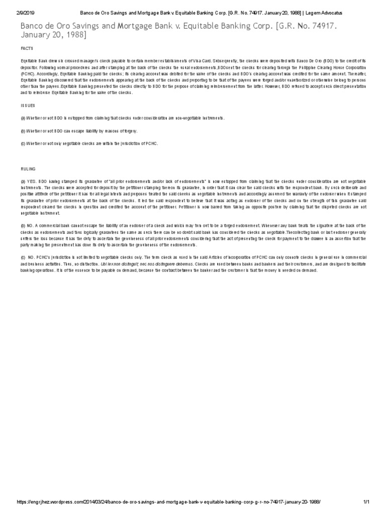 BDO V Equitable Bank | Download Free PDF | Cheque | Negotiable Instrument