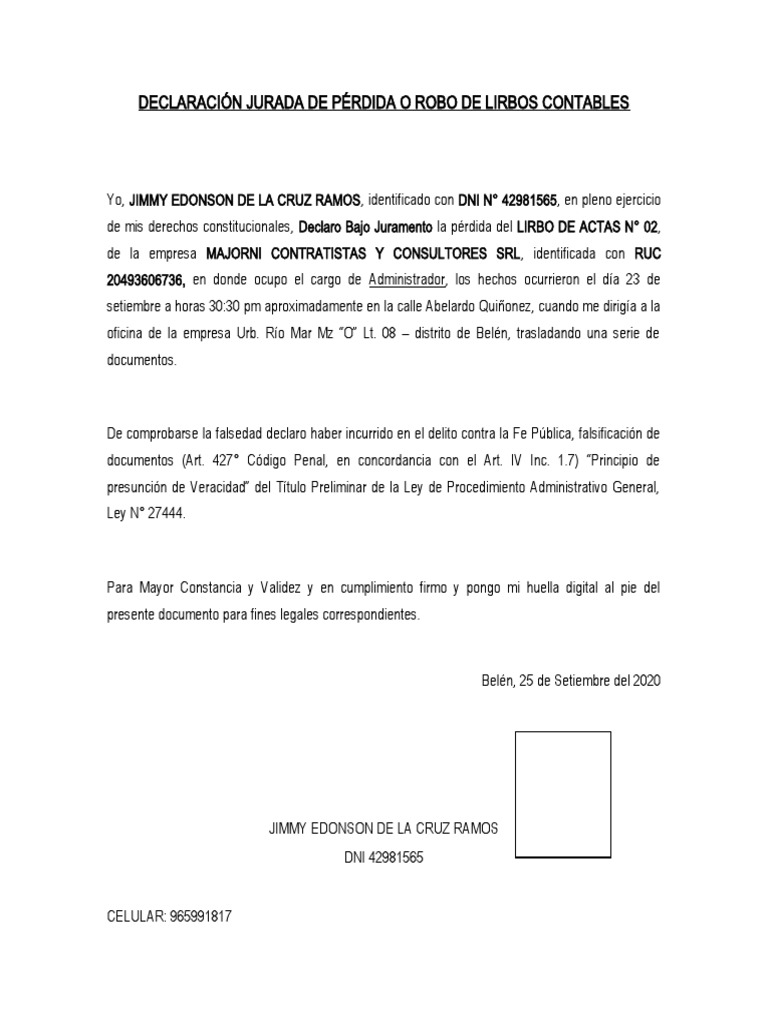 Declaración Jurada de Pérdida o Robo de Lirbos Contables | PDF