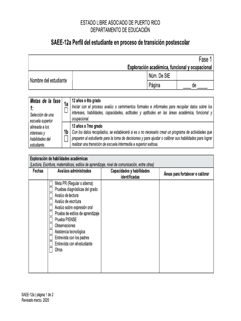 Saee 12a Perfil Del Estudiante en Proceso de Transicion Postescolar | PDF