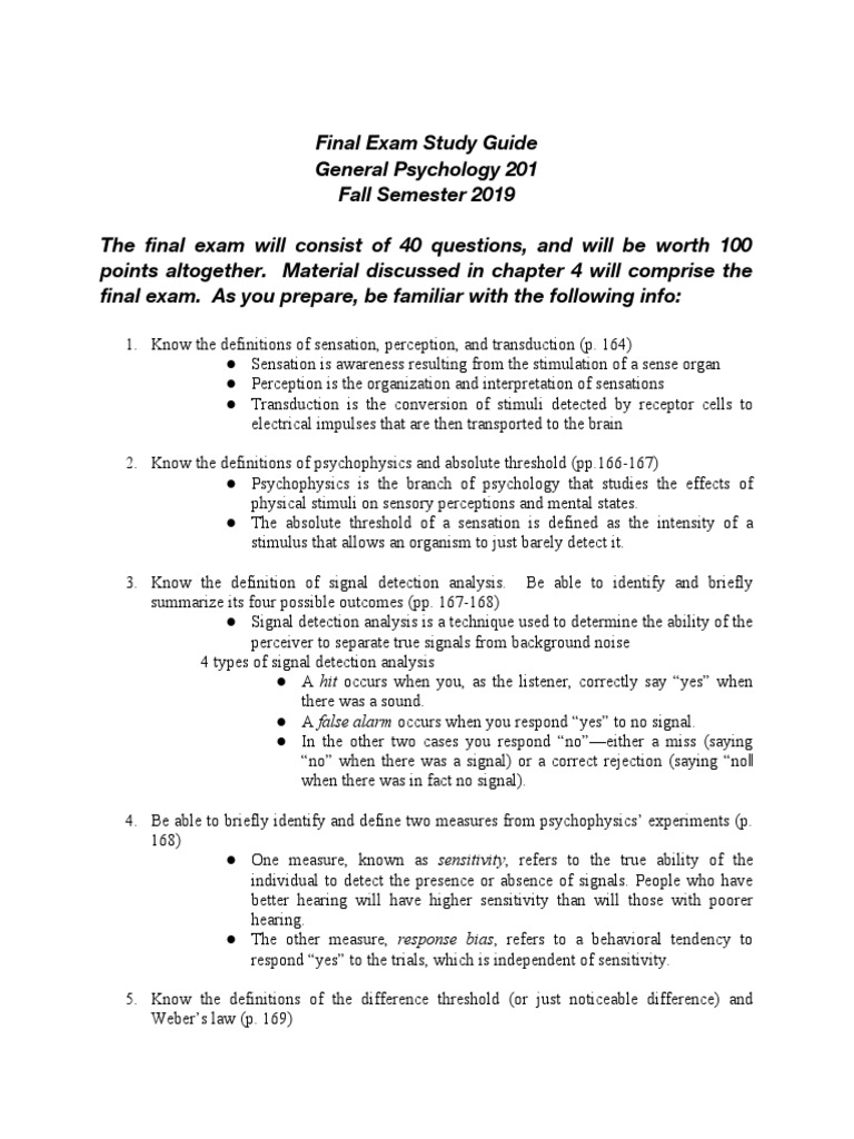 Psychology Final Exam Study Guide | PDF | Senses | Psychophysics