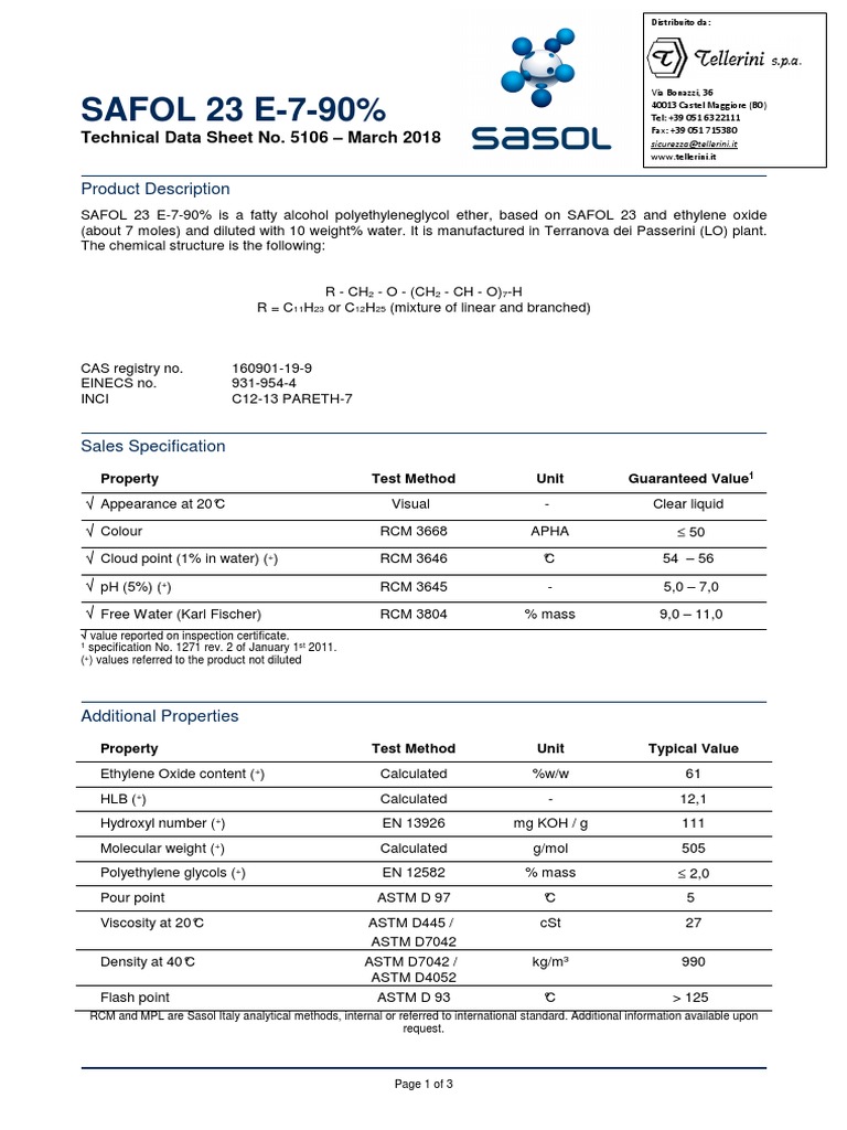 Safol 23 E-7-90 | PDF | Polyethylene Glycol | Materials