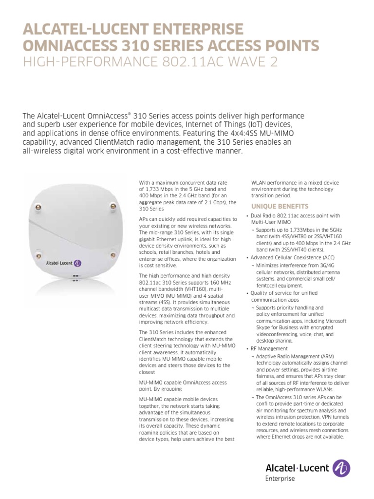 Alcatel-Lucent Enterprise Omniaccess 310 Series Access Points | PDF ...