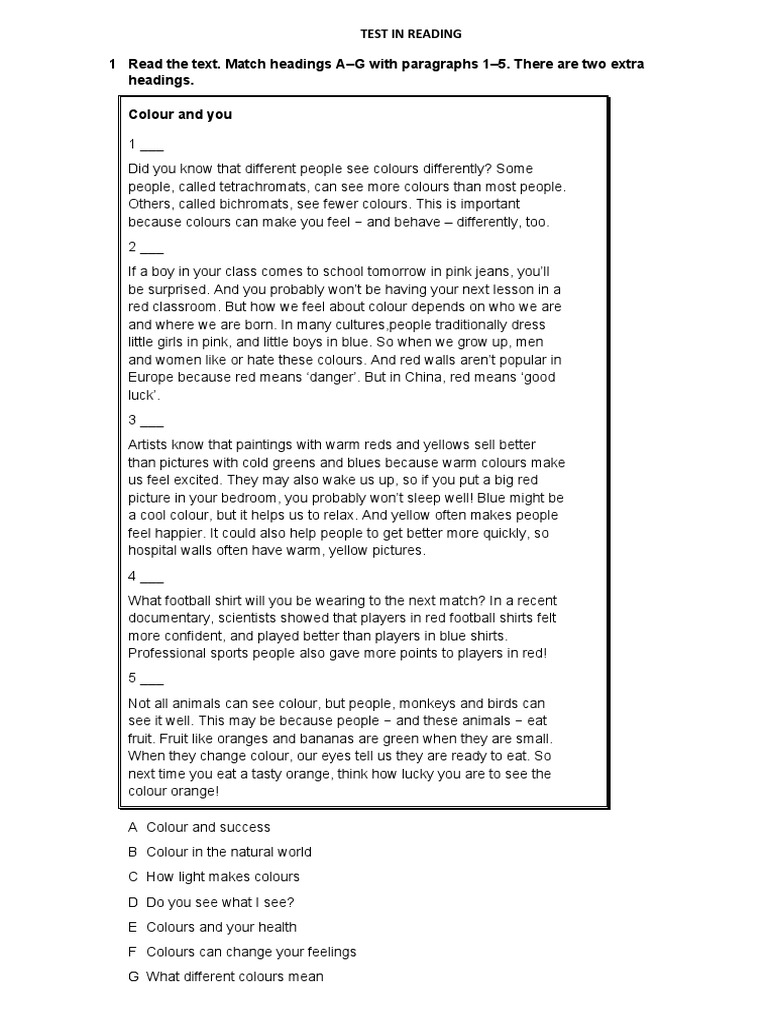 Test in Reading 1 Read The Text. Match Headings A-G With Paragraphs 1-5 ...