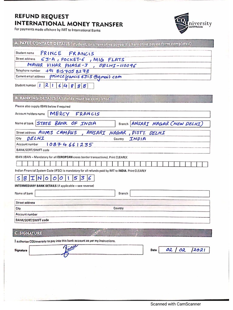 Refund Form For International Money Transfer | PDF