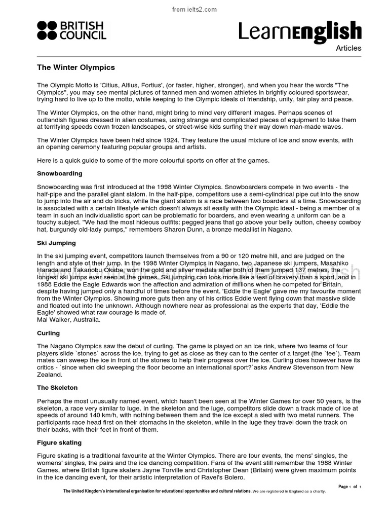 The Winter Olympics: Articles | PDF | Winter Multi Sport Events ...