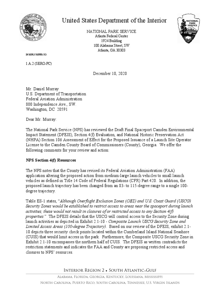 Spaceport Camden - NPS Comment Letter - 12-10-20 | PDF | National Park Service | Wilderness