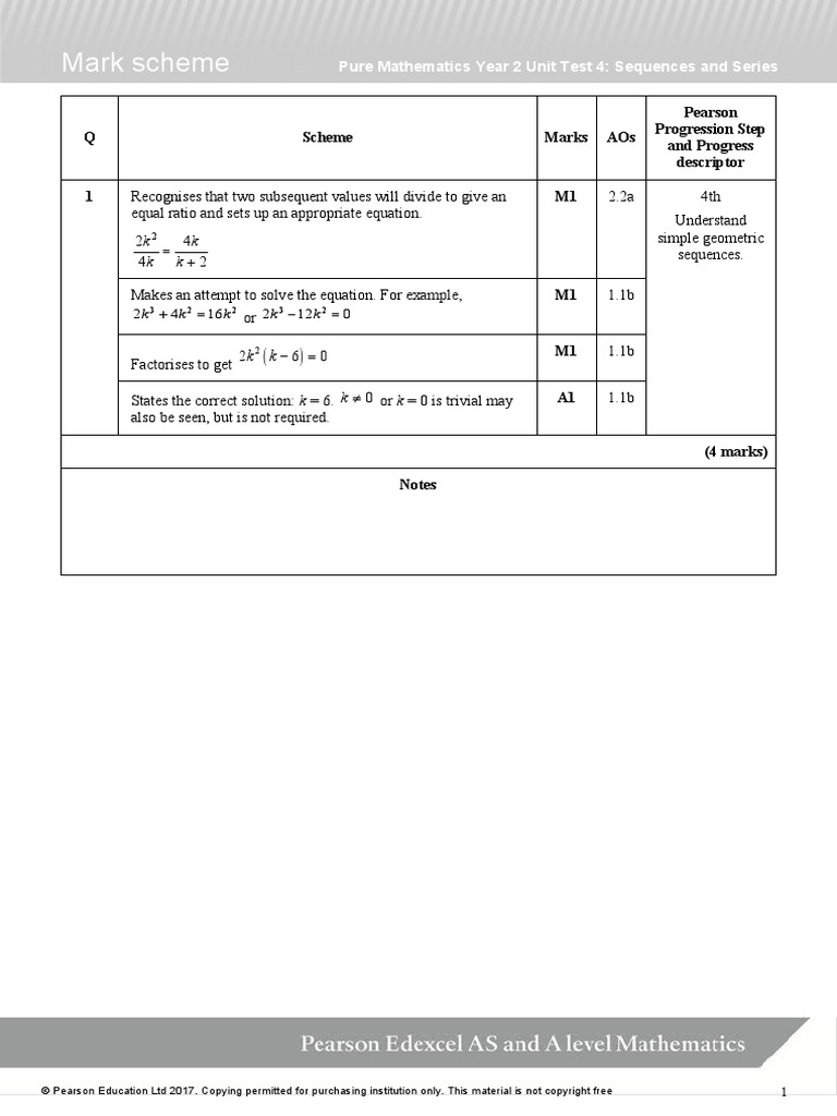 A Level Pure Maths Unit Test 4 Mark Scheme | PDF | Logarithm | Summation
