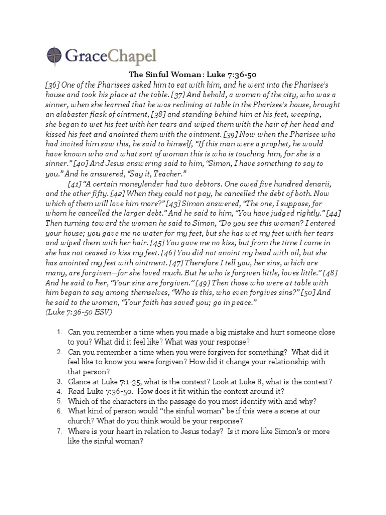 Small Group Questions For Luke 7:36-50 | PDF | Jesus