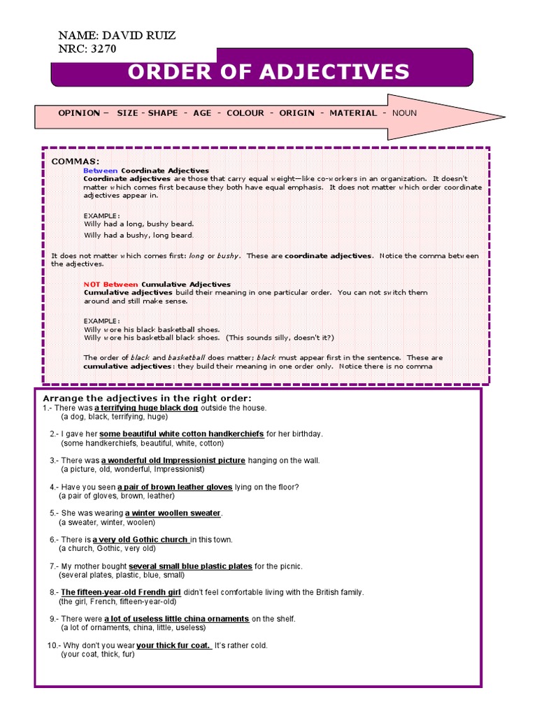 GRAMMAR 1 UNIT 10 Word-Order-Of-Adjectives | PDF | Adjective | Syntax