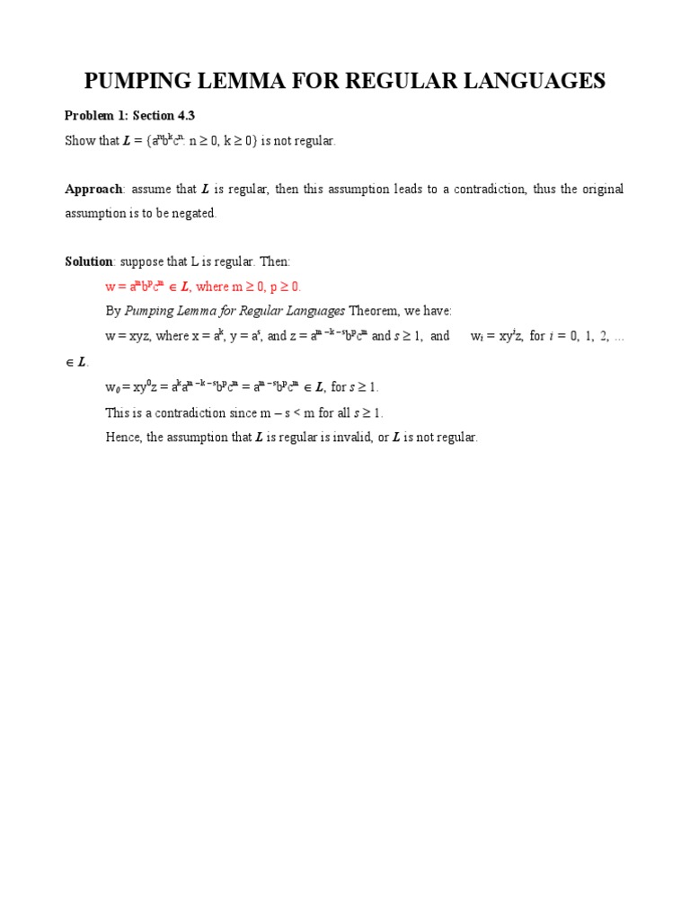 Pumping Lemma For Regular Languages: Problem 1: Section 4.3 | PDF ...