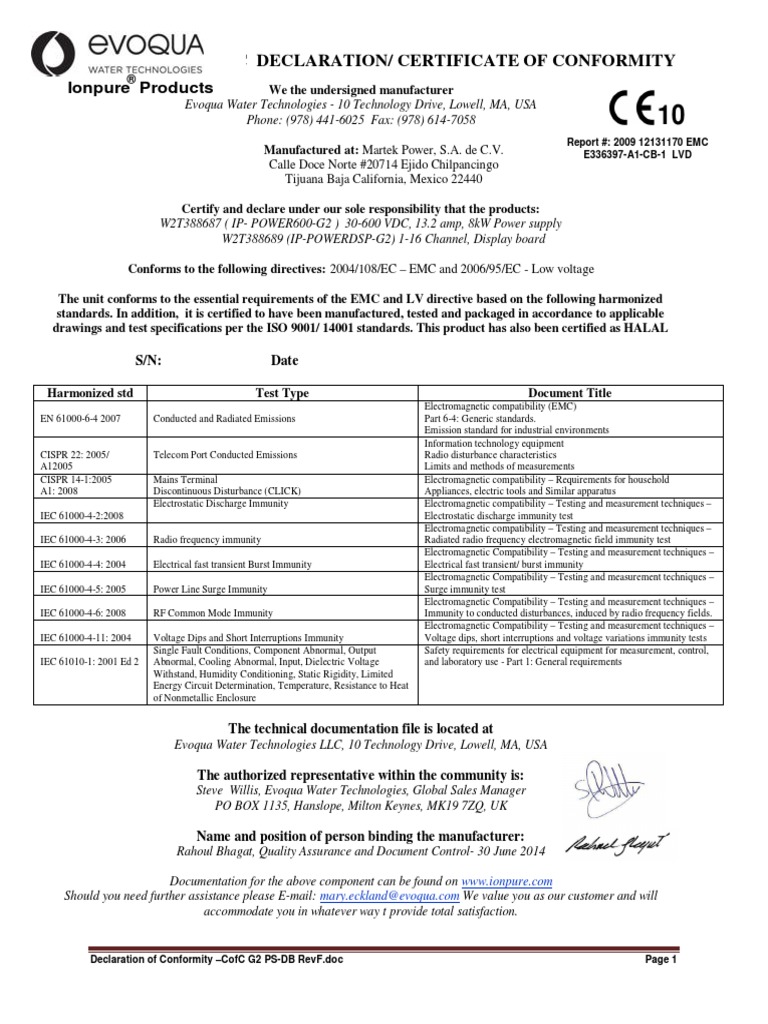 Conformity Cert g2 | PDF | Electromagnetic Compatibility ...