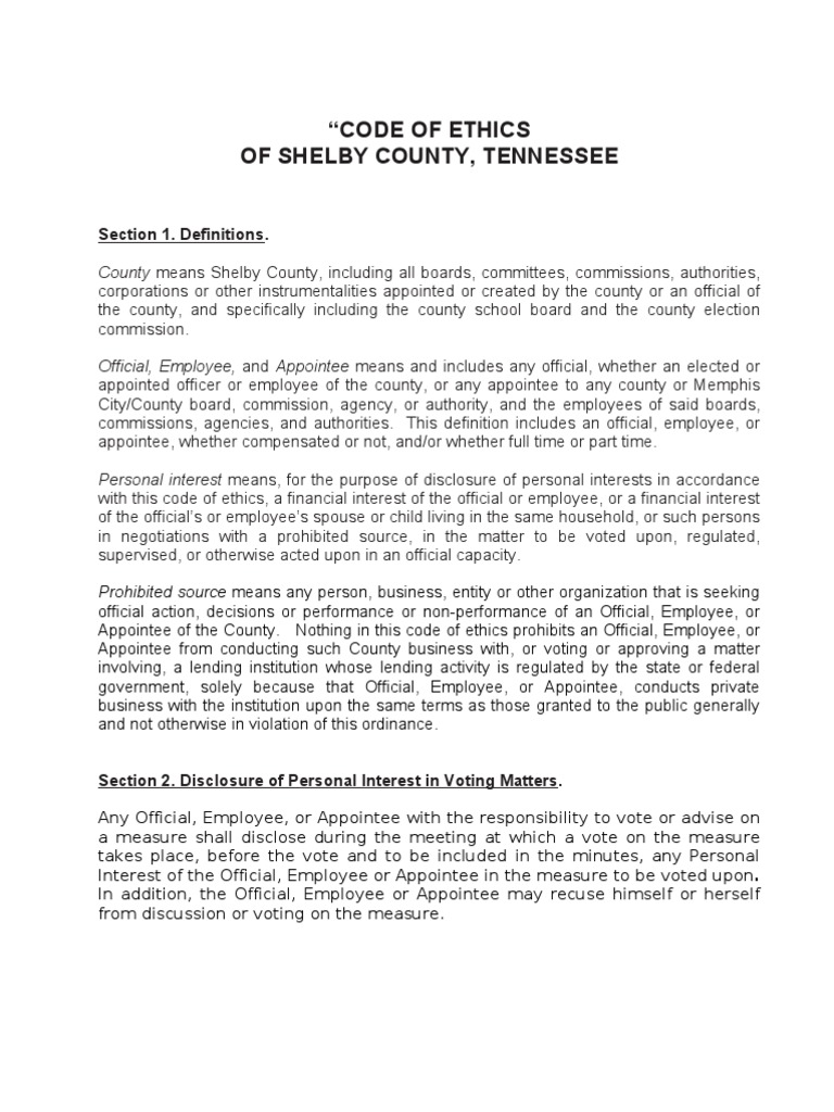 "Code of Ethics of Shelby County, Tennessee: Section 1. Definitions ...