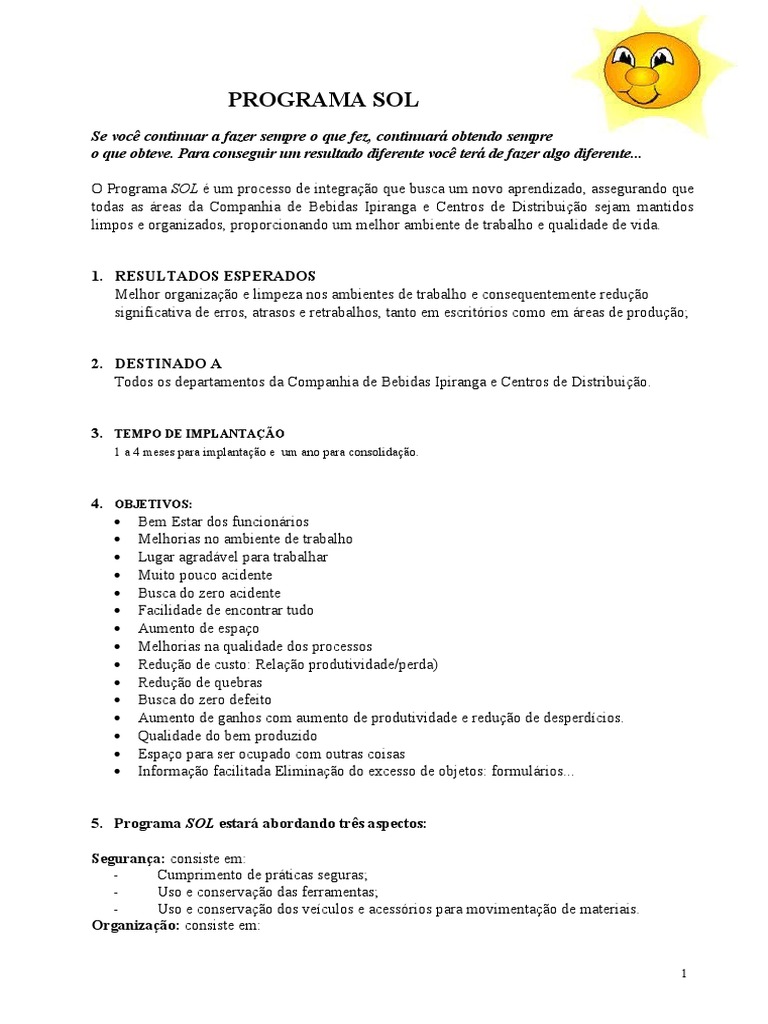 Programa Sol | Download grátis PDF | Desperdício | Qualidade (negócios)