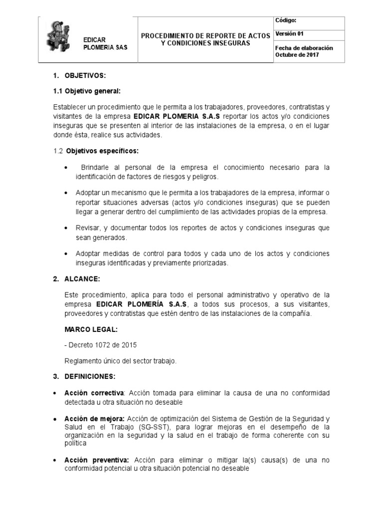 Procedimiento para reportar actos y condiciones inseguras | PDF ...