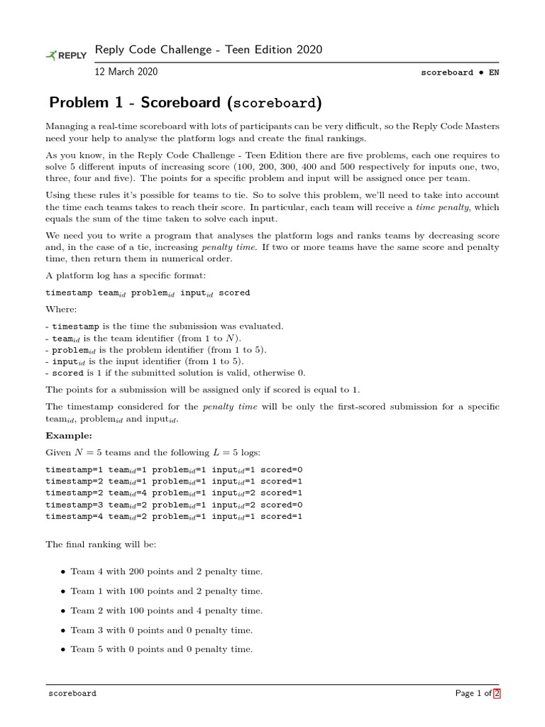 Problem 1 - Scoreboard (Scoreboard) : Reply Code Challenge - Teen ...