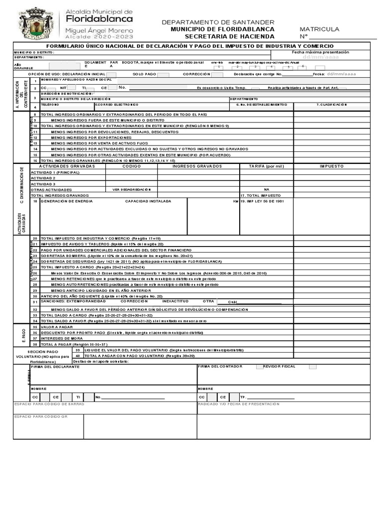 Floridablanca Formulario Único Nacional de Declaración y Pago Del Imp de Ind y Cio | PDF | Business