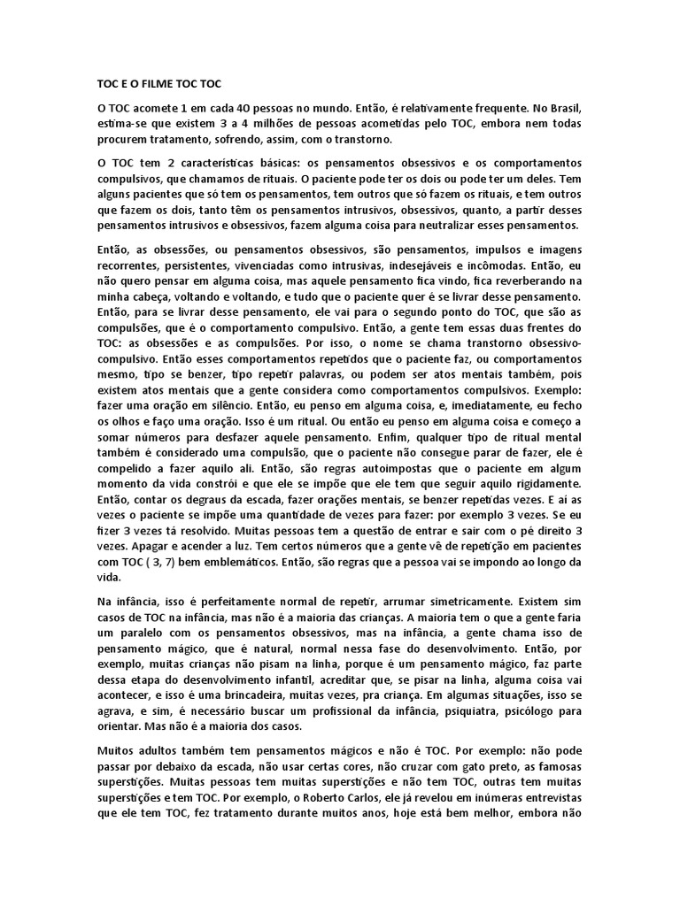 Toc e o Filme Toc Toc | PDF | Transtorno obsessivo compulsivo (TOC) | Pensamento