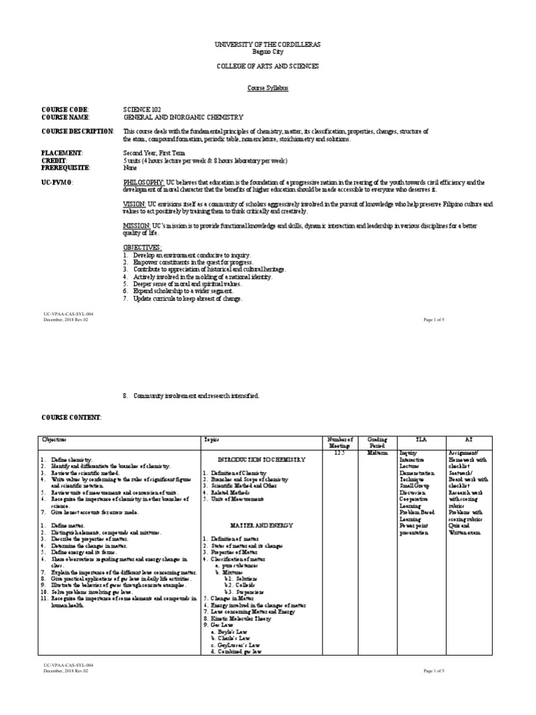 NATSCI2 Gen and Inorganic Chemistry Course Syllabus | PDF | Chemical ...