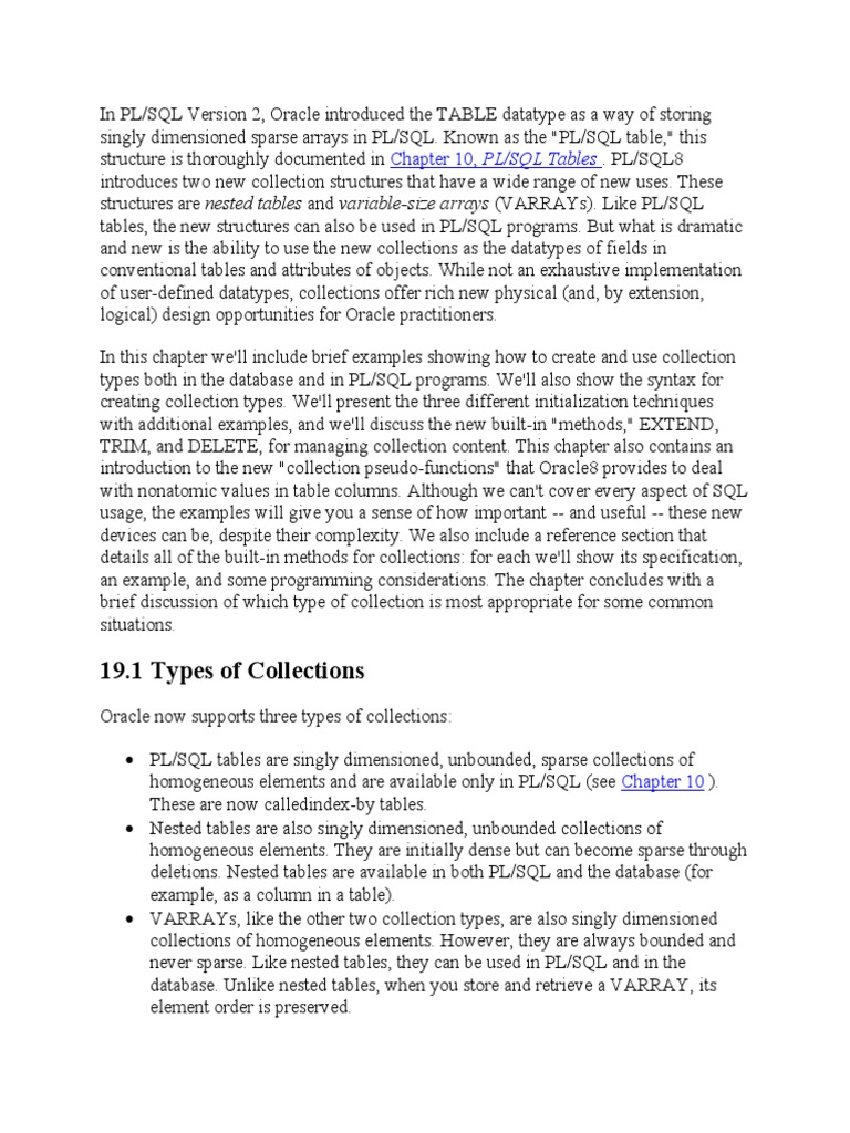 19.1 Types of Collections: Chapter 10, PL/SQL Tables | PDF | Pl/Sql ...