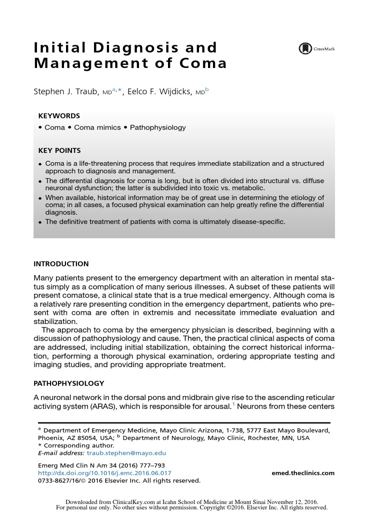 Initial Diagnosis and Management of Coma | PDF | Coma | Cerebrospinal Fluid