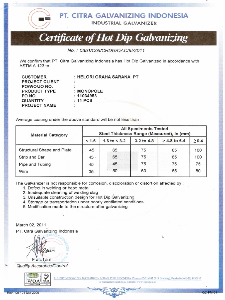 Certificate of Hot Dip Galvanizing Thickness Inspection for 11 Piece Monopole Project | PDF ...