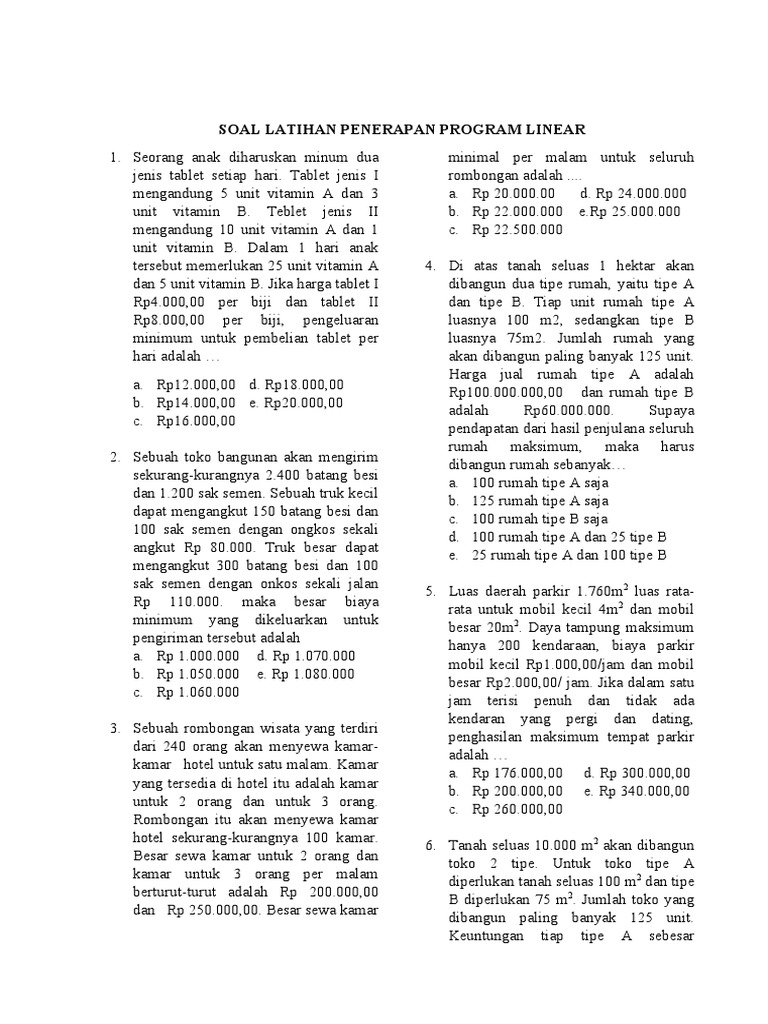 Soal Latihan Penerapan Program Linear | PDF