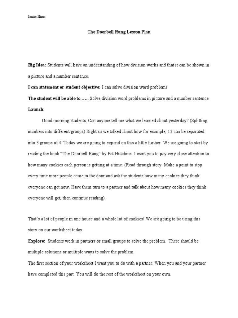 Division Lesson Plan: The Doorbell Rang | PDF | Human Nature | Pedagogy