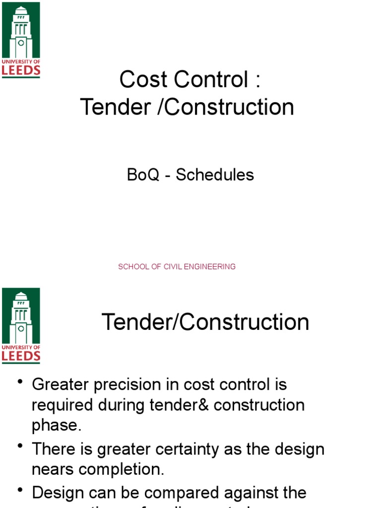 Cost Control: Tender /construction: Boq - Schedules | PDF | Cost ...