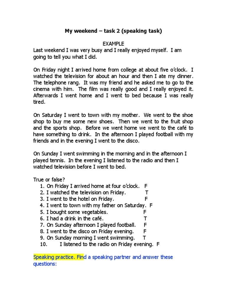 My Weekend - Task 2 (Speaking Task) : Speaking Practice. Find A ...