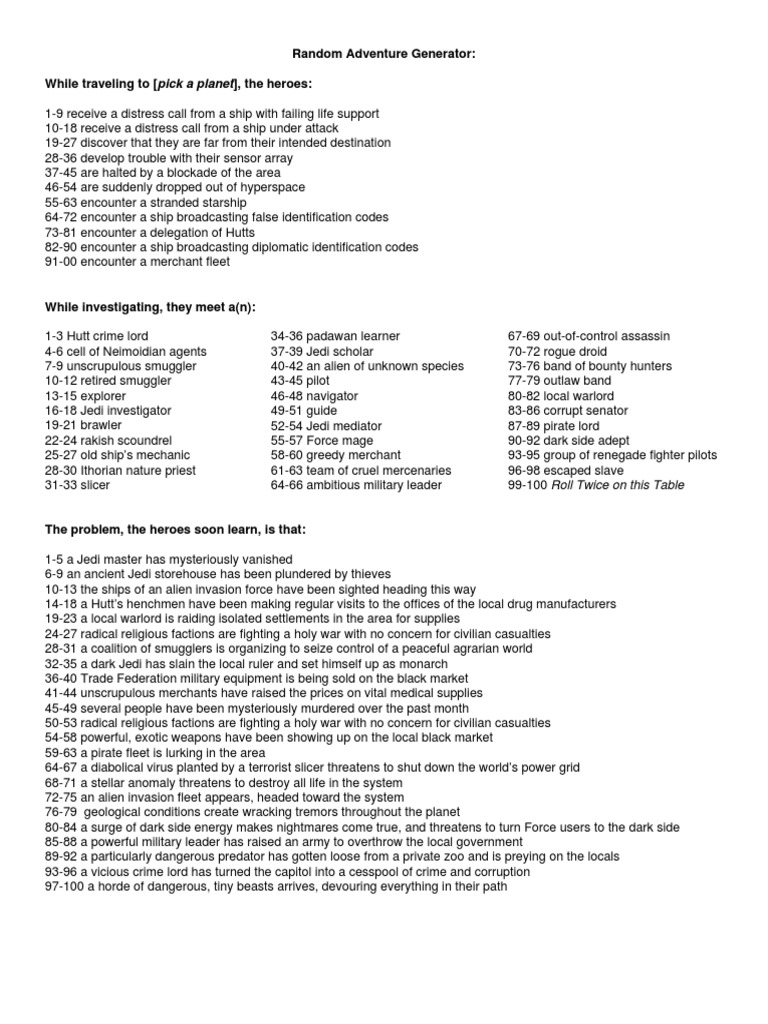 Star Wars Random Adventure Tables | PDF | Jedi | Piracy