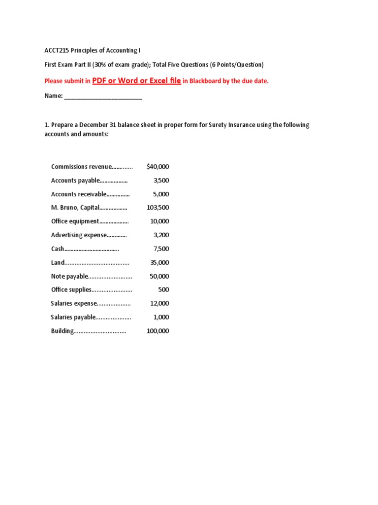 ACCT215 Principles of Accounting I - First Exam Part II Questions | PDF ...