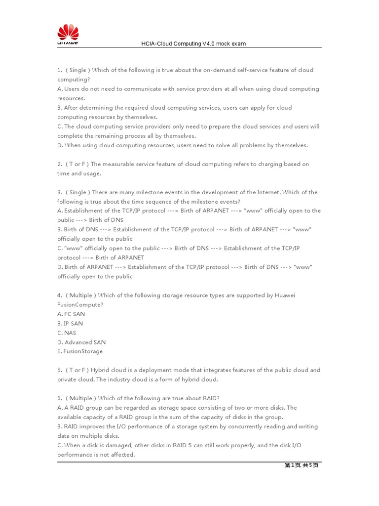 HCIA Cloud Computing V4.0 Mock Exam Guide | PDF | Virtual Machine | Virtualization