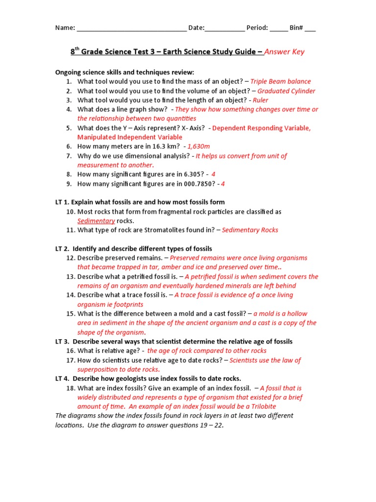 8th Grade Science Test 3 Earth Science Study Guide - Answer Key | PDF ...
