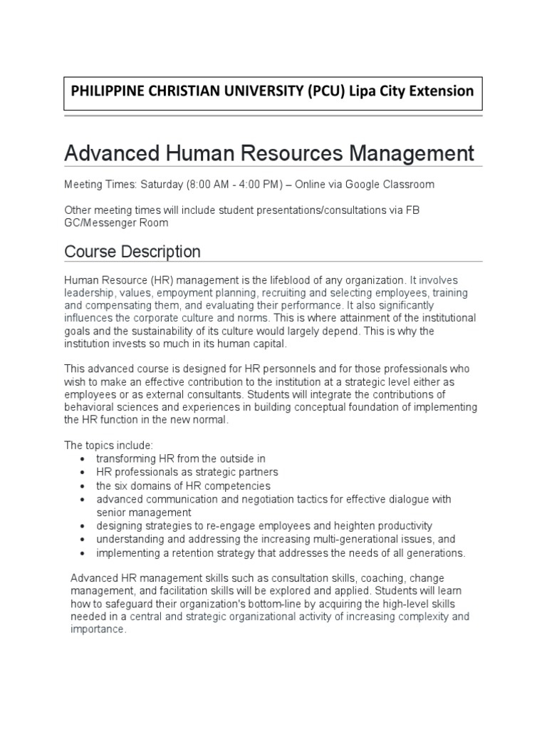 Course Syllabus in Advance HRM | PDF | Employee Retention | Human ...