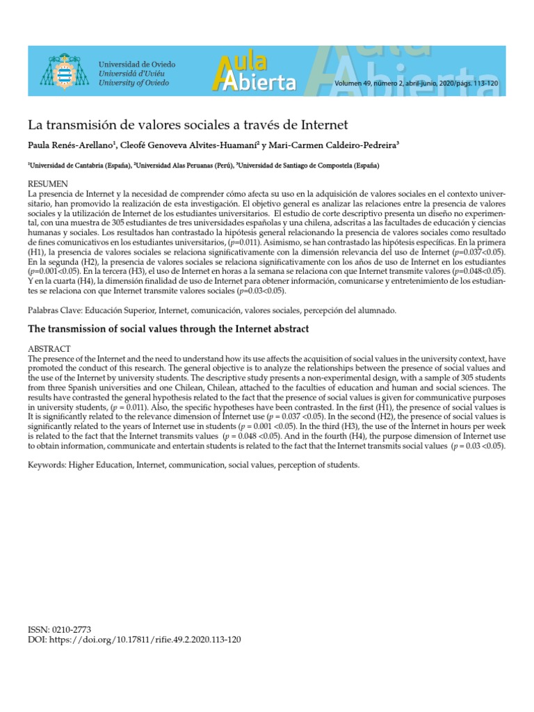 La Transmisión de Valores Sociales A Través de Internet | PDF | Alfa de ...