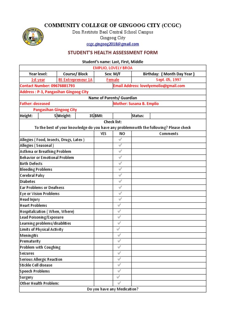 GCCC Students Health Assessment Form | PDF | Allergy | Medical Specialties
