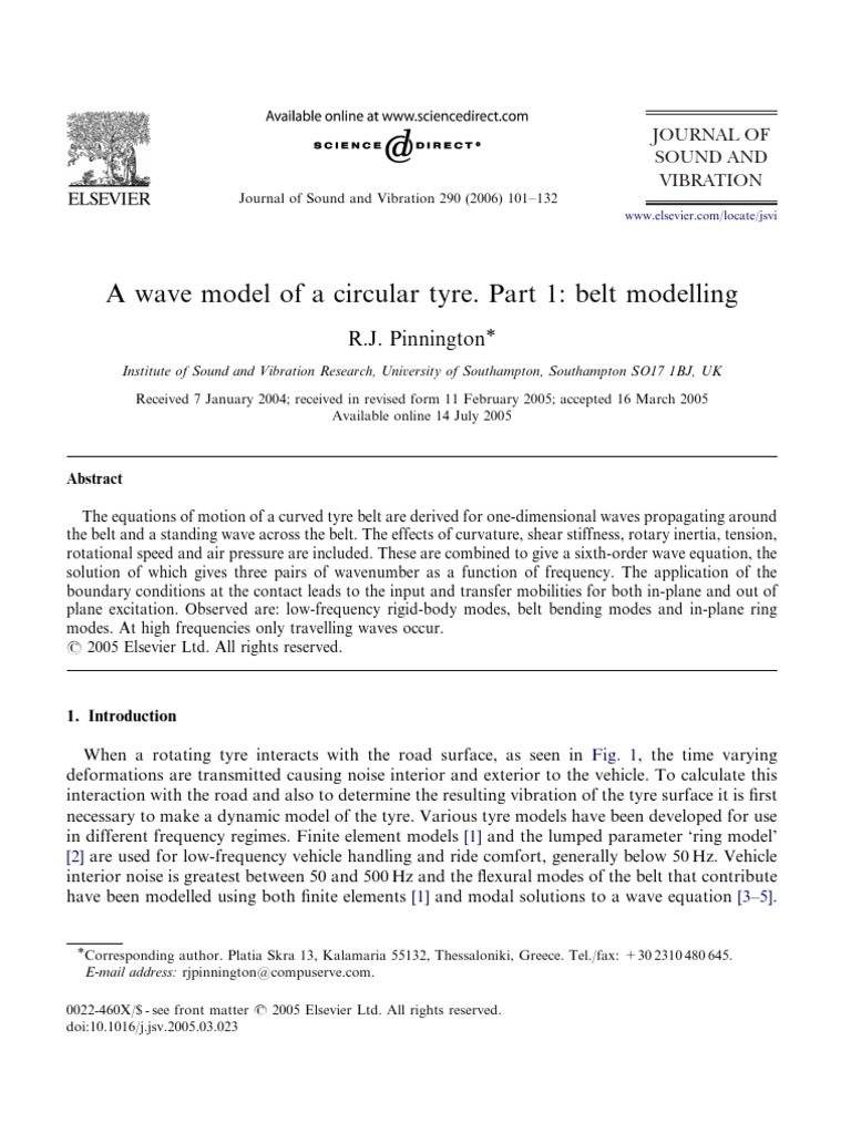 A Wave Model of A Circular Tyre. Part 1: Belt Modelling: Article in ...