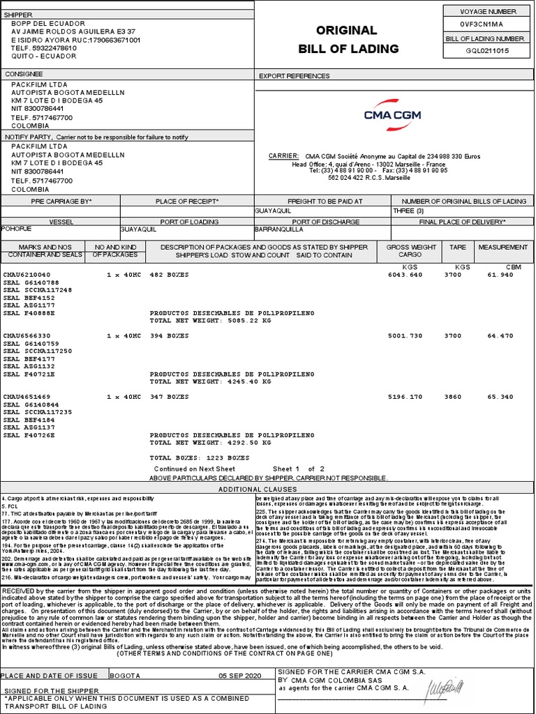 Original Bill of Lading: Carrier | PDF | Bill Of Lading | Cargo