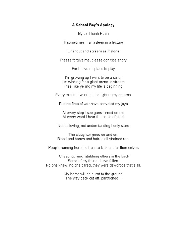 A School Boy's Apology: A Poem About War Taking Away Childhood Dreams | PDF
