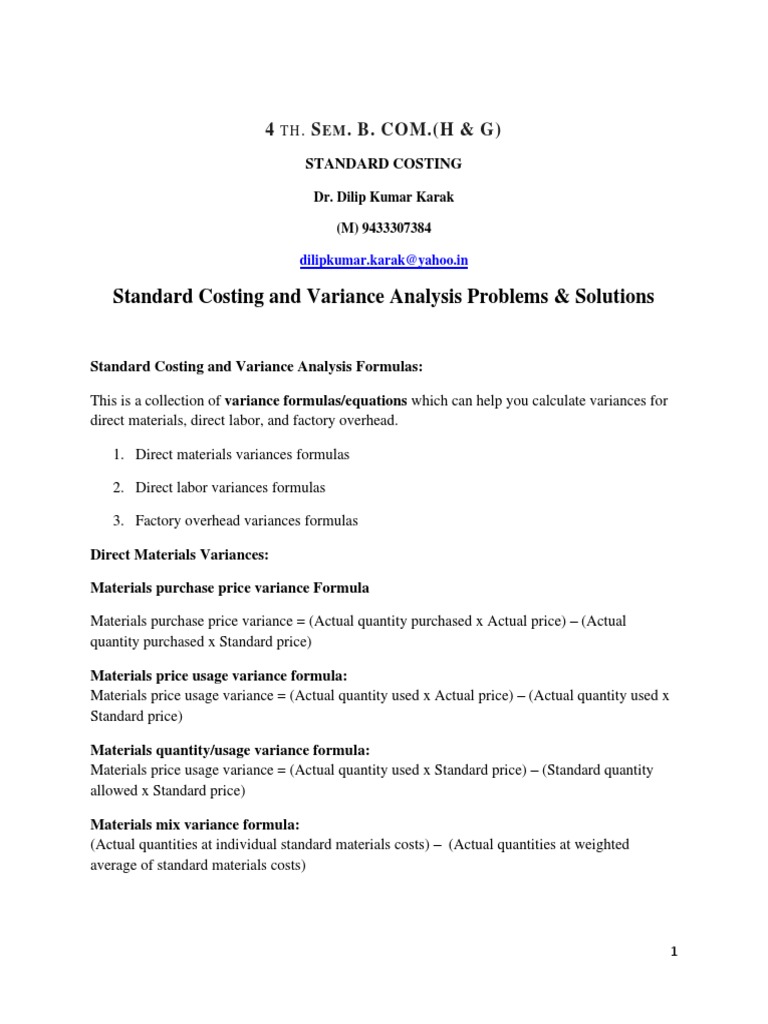 4 Th. Sem. Standard Costing Problems Solutions | PDF | Variance | Formula