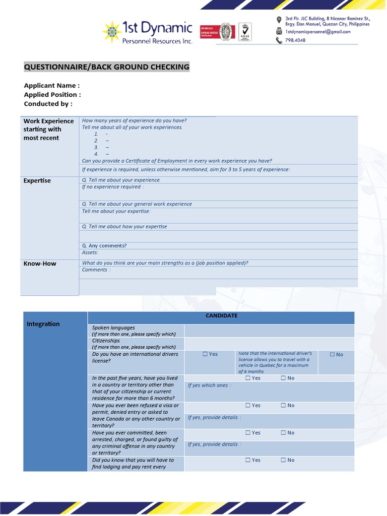 1ST DYNAMIC Questionnaire and Background Checking | PDF | Government ...