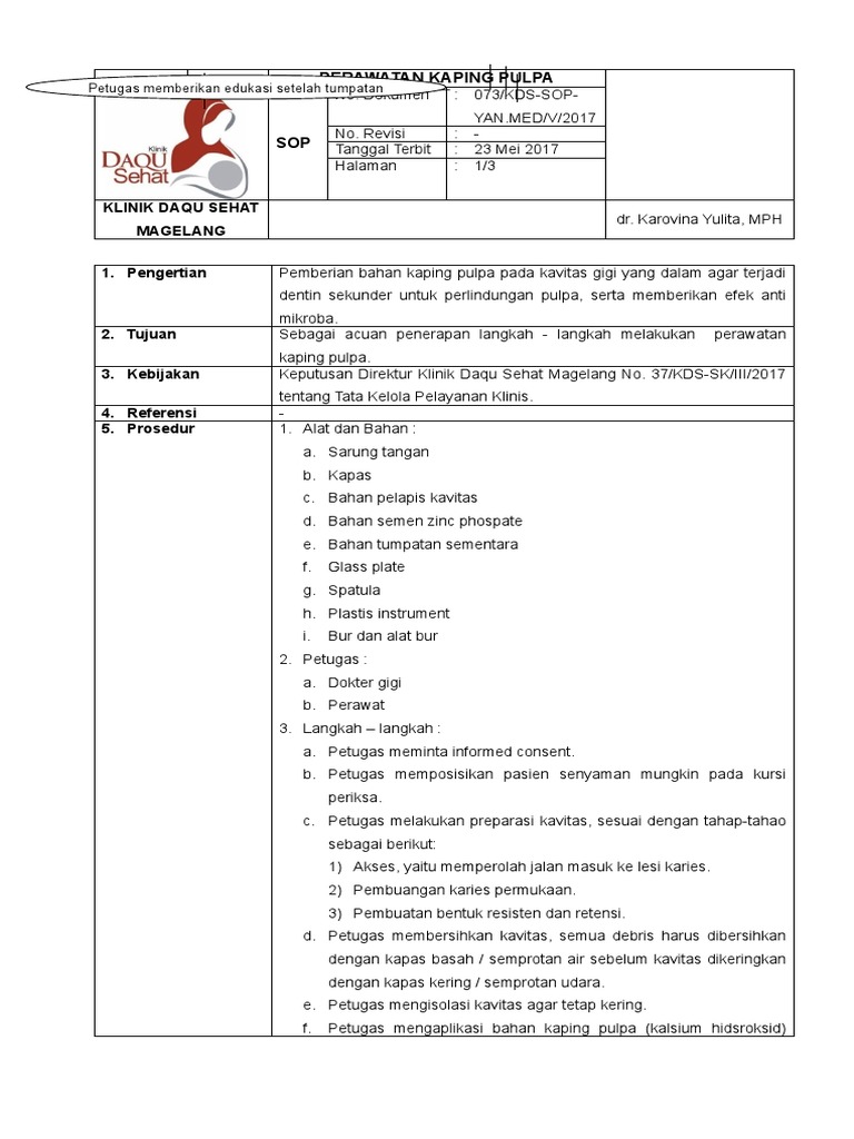 Prosedur Perawatan Kaping Pulpa | PDF