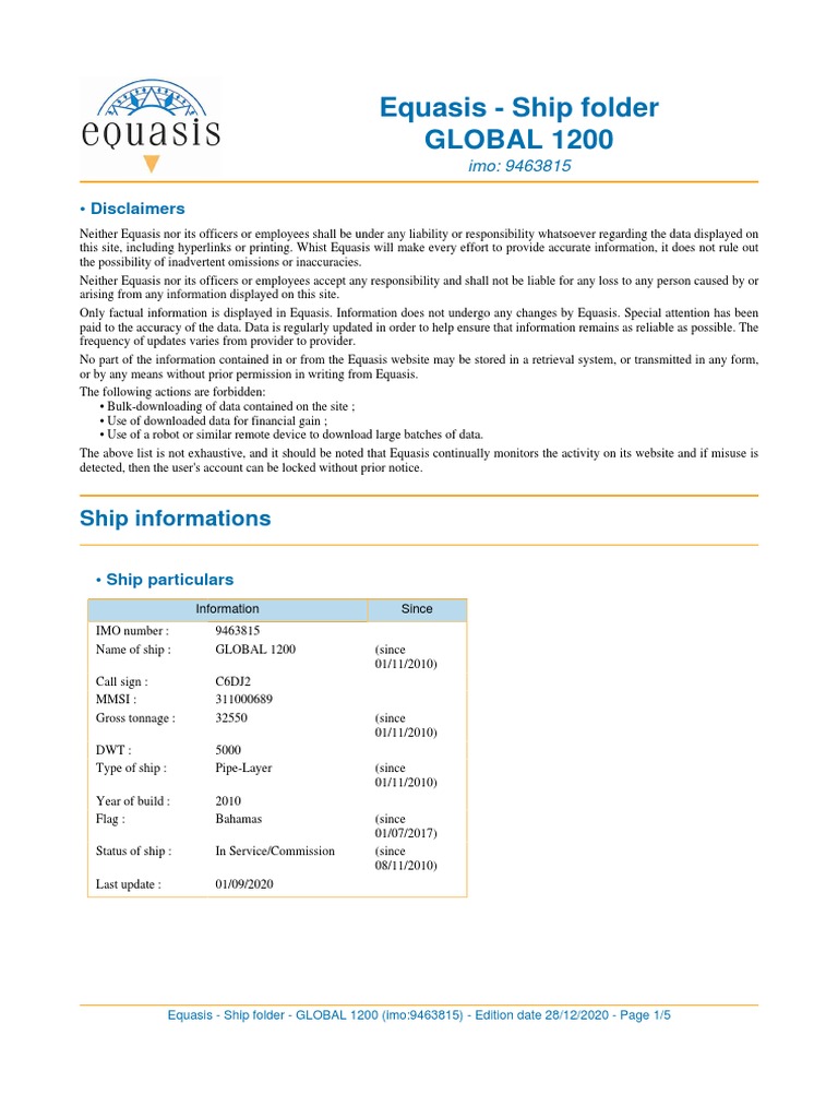 Equasis - Ship Folder GLOBAL 1200 | PDF | Coast Guard | Water Transport