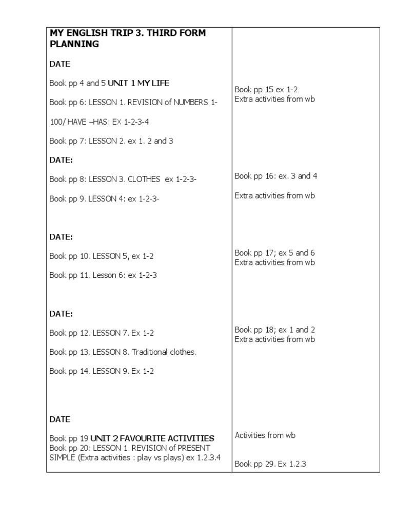 My English Trip 3. Third Form Planning | PDF