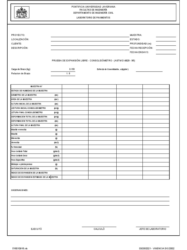 Prueba de Expansión Libre - Consolidómetro - (Astm D 4829 - 95) | PDF ...