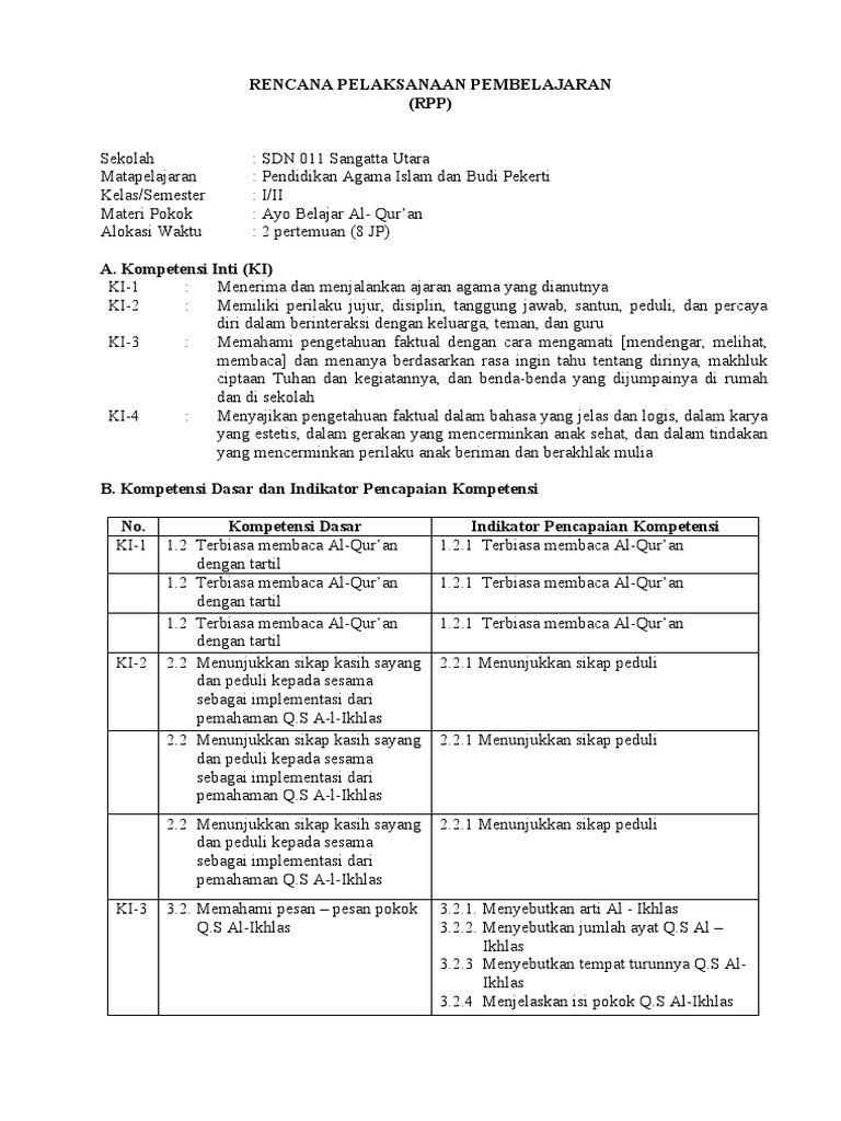 Pel 7 RPP Ayo Belajar Alquran | PDF | Karier & Perkembangan | Seni & Disiplin Bahasa