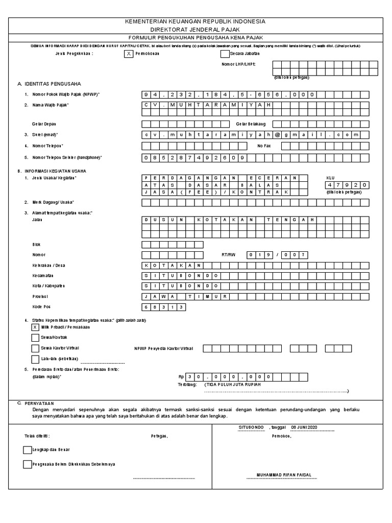 Contoh Formulir Pengukuhan PKP | PDF