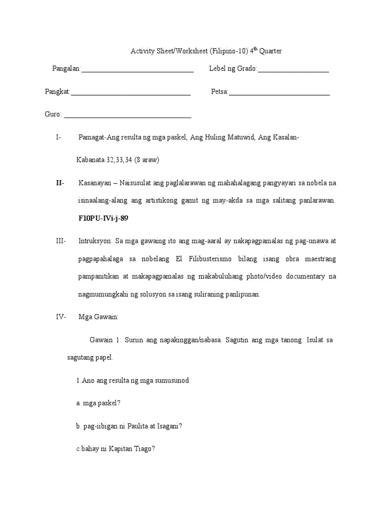 27 Activity Sheet El Fili Kabanata 32-33-34 (B) POLISON | PDF