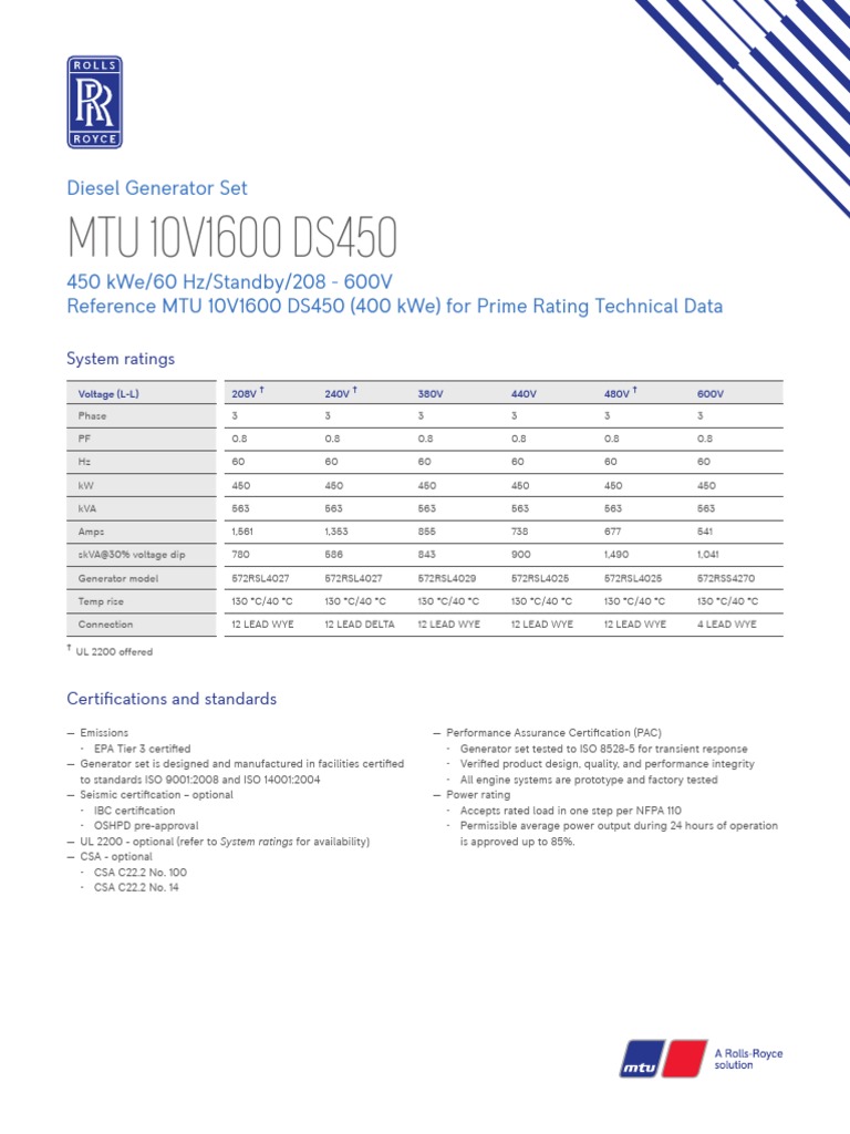 MTU 10V1600 DS450: Diesel Generator Set | PDF | Radiator | Electric ...
