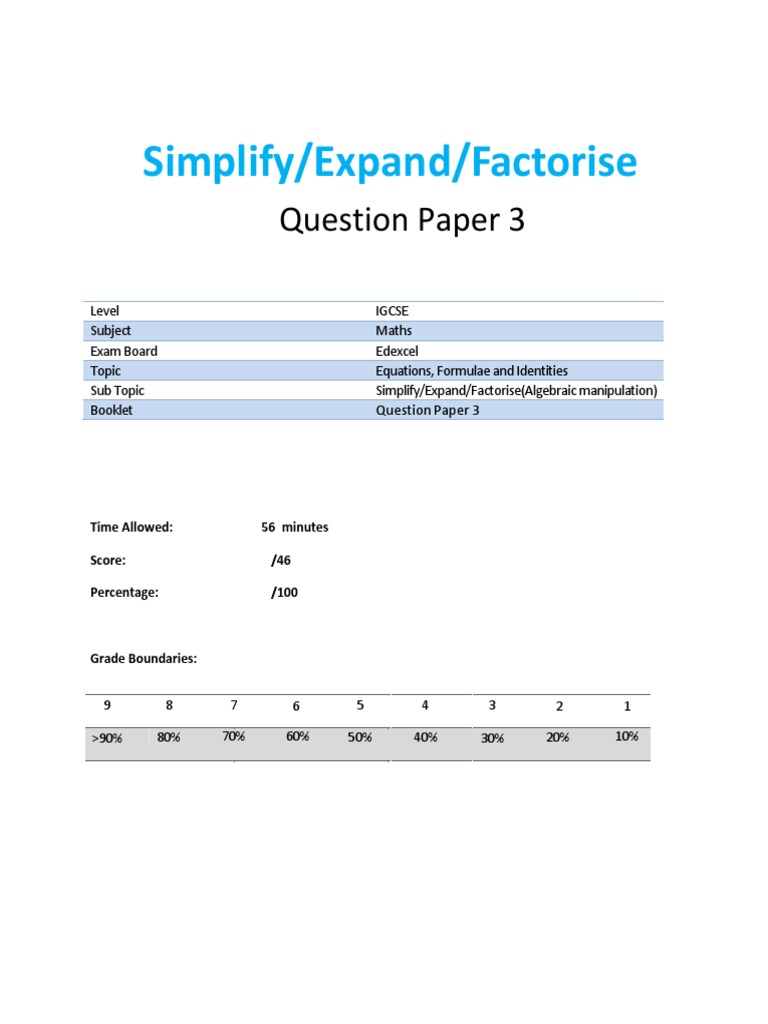 Simplify/Expand/Factorise: Question Paper 3 | PDF | Factorization ...